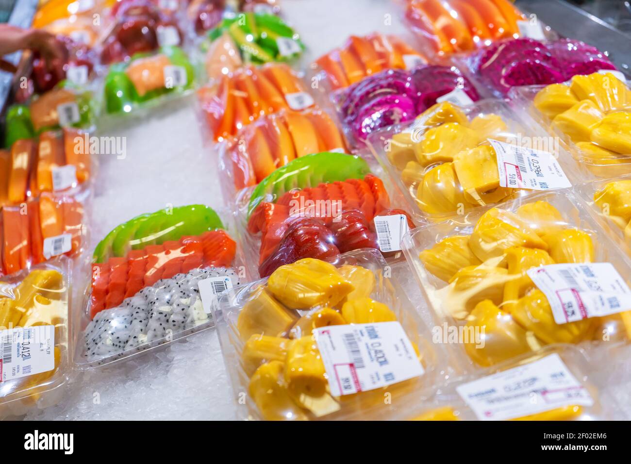 Fruit counters in the grocery section of the supermarket Stock Photo ...