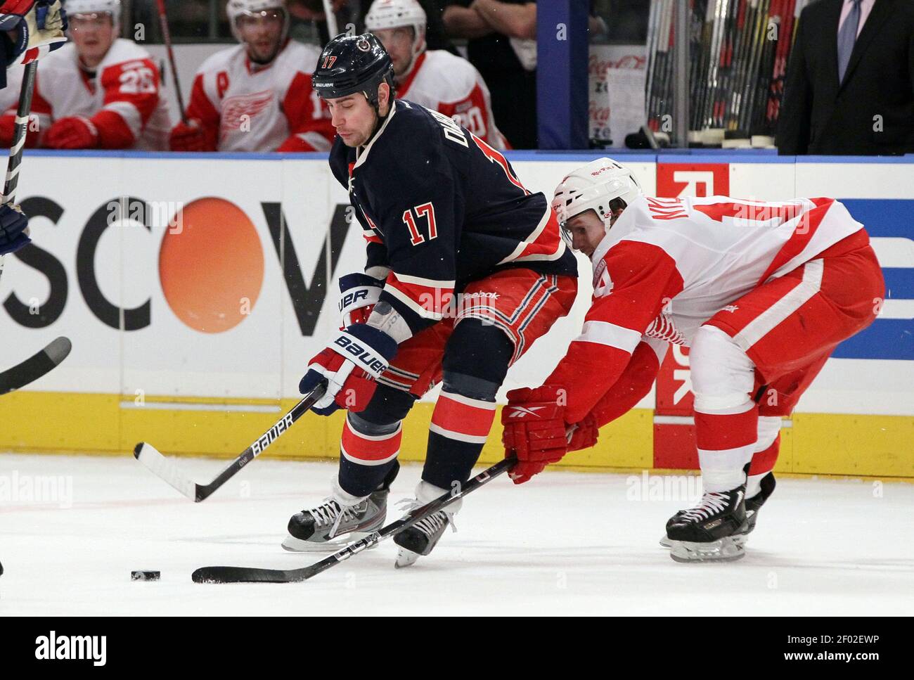 Brandon Dubinsky (17) of the New York Rangers controls the puck against ...