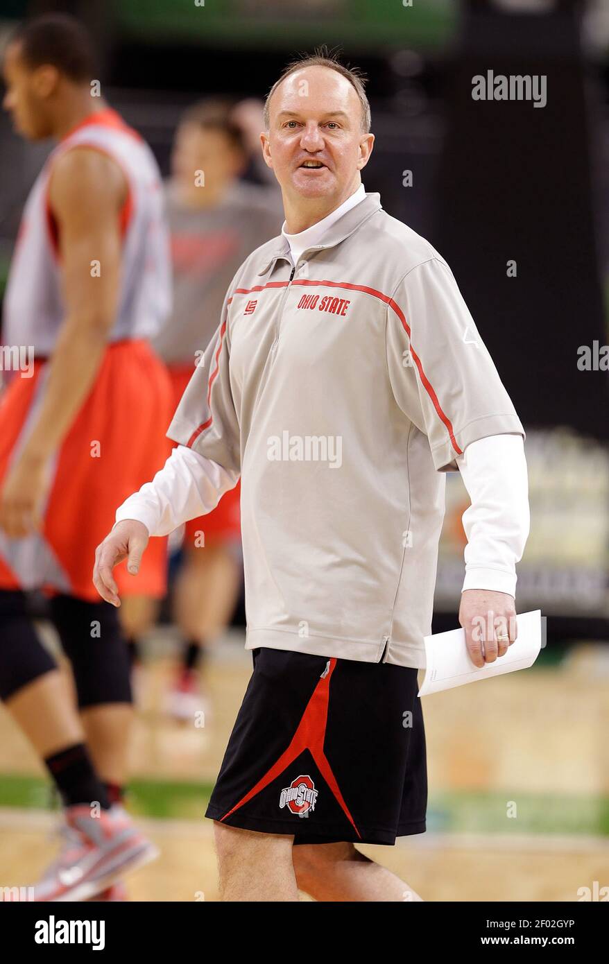 Head coach Thad Matta of Ohio State watches as his team practices on ...