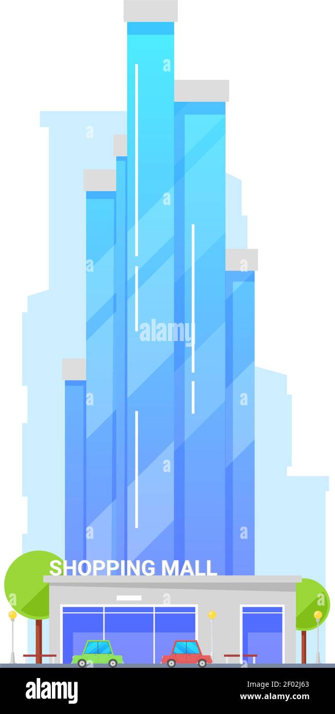 Multi storey shopping mall, glass exterior retail building vector ...