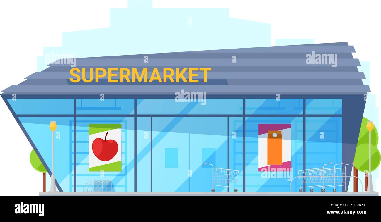 Supermarket vector flat building. Grocery stores and shopping center ...