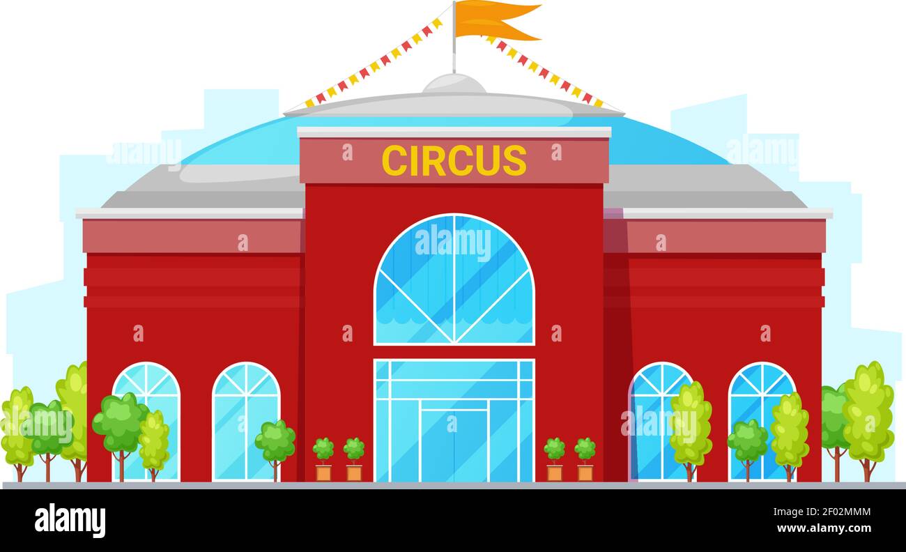 Big top circus building isolated facade with trees. Vector modern ...