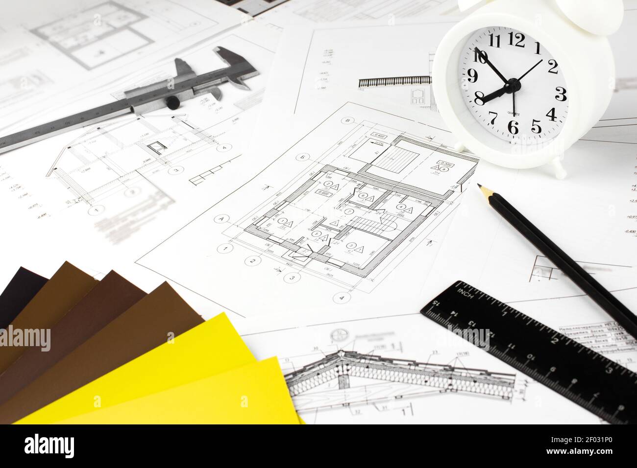 Architect workplace top view, architectural construction house building ...