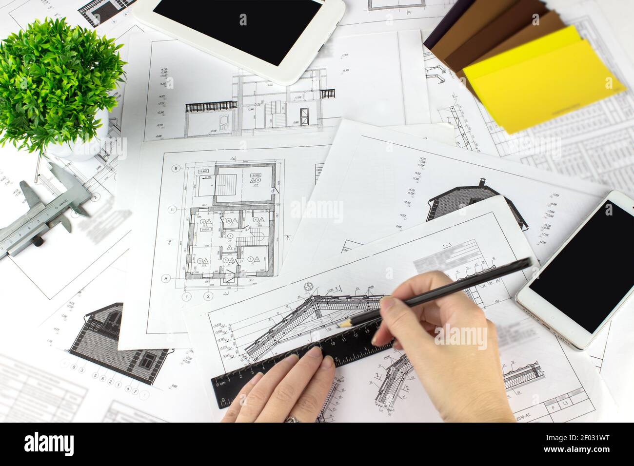 Engineer drawing architectural project. Workplace of architect ...