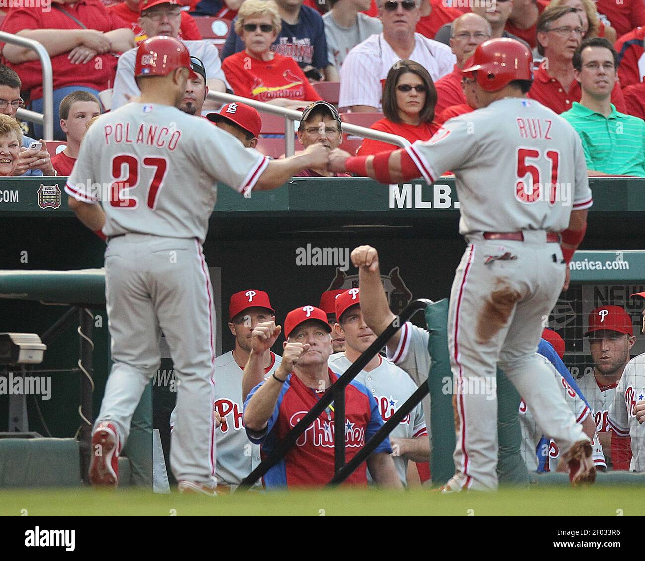 The Philadelphia Phillies' Carlos Ruiz (51) congratulates teammate ...