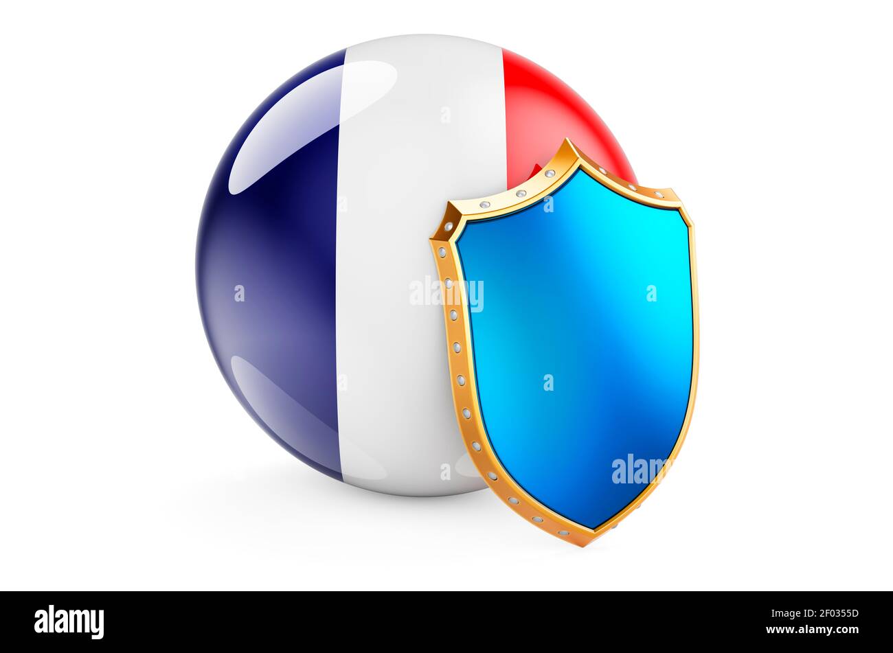 French flag with shield. Protect of France concept, 3D rendering ...
