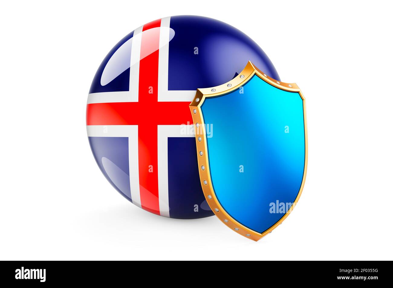 Icelandic flag with shield. Protect of Iceland concept, 3D rendering ...