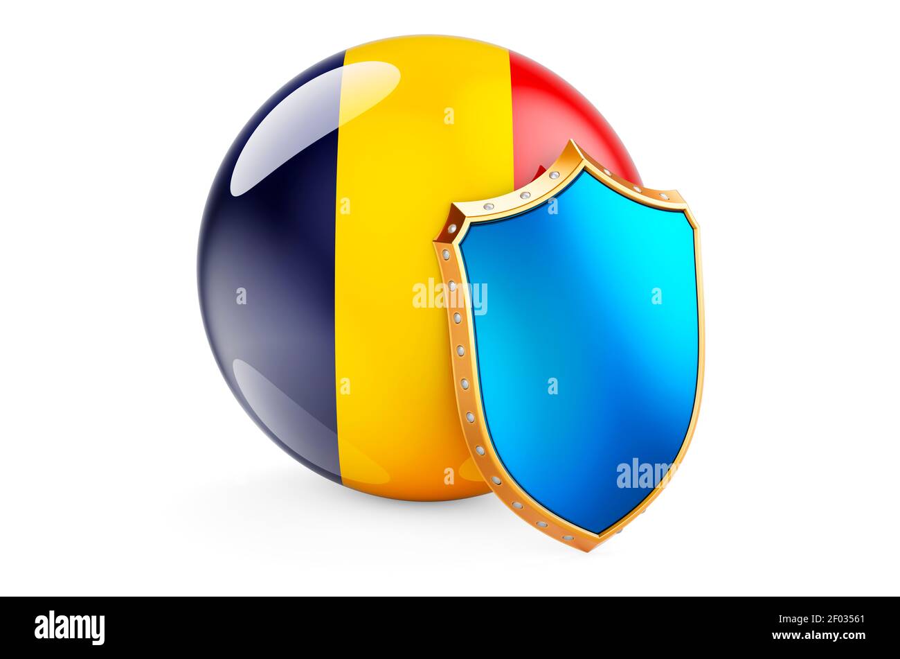 Romanian flag with shield. Protect of Romania concept, 3D rendering ...