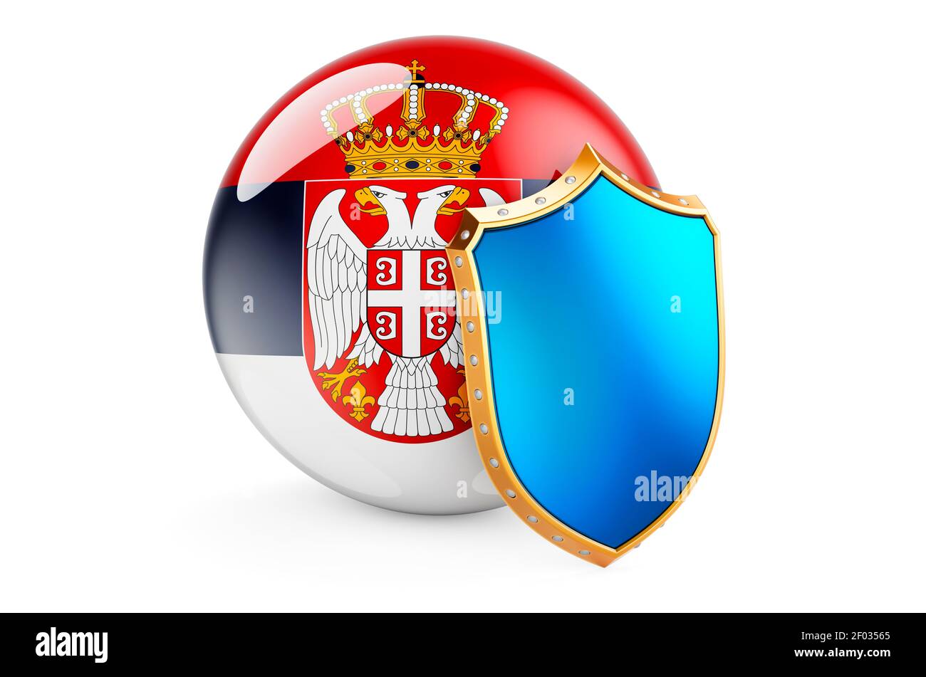 Serbian flag with shield. Protect of Serbia concept, 3D rendering ...