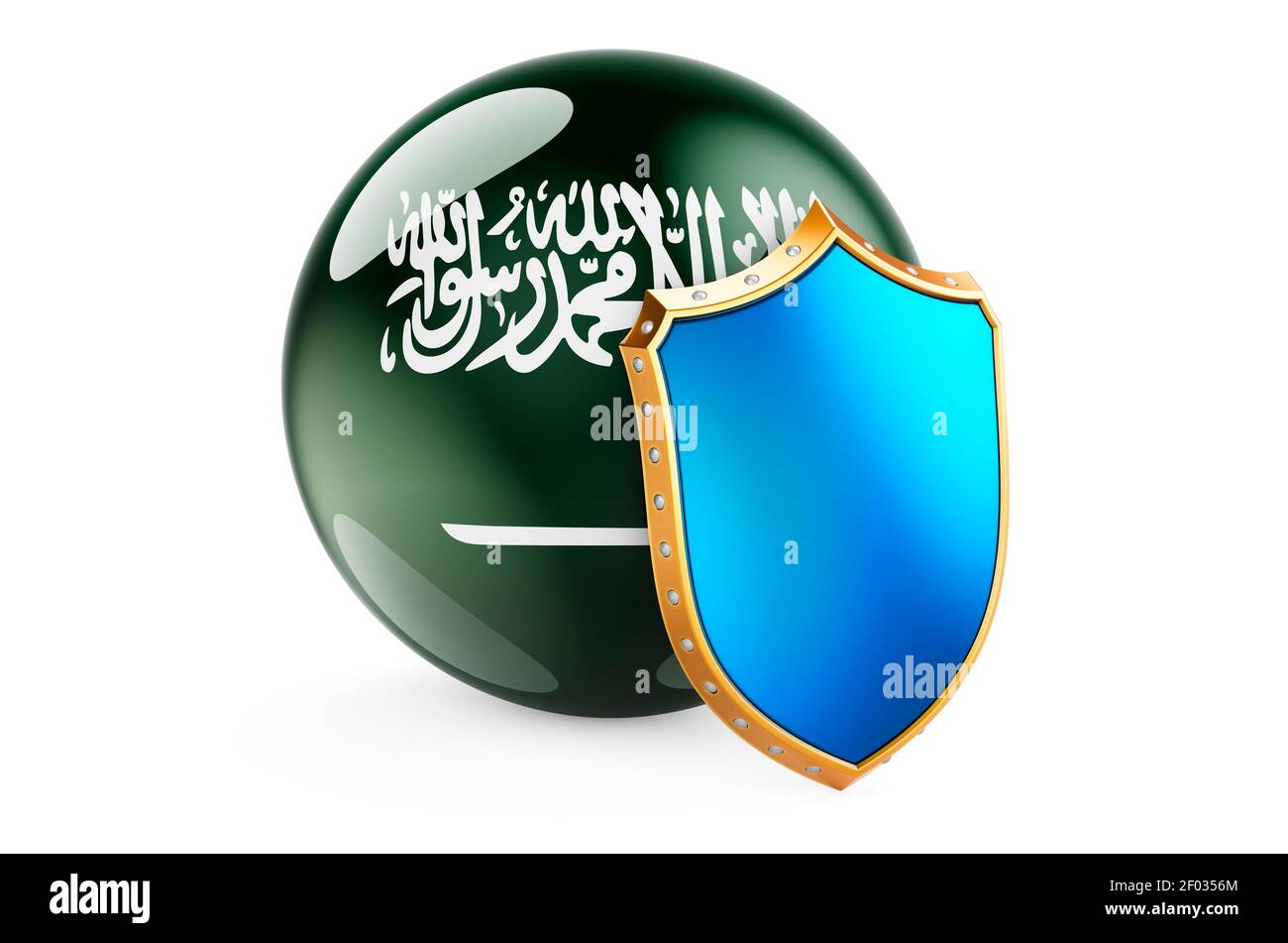 Saudi Arabian flag with shield. Protect of Saudi Arabia concept, 3D ...