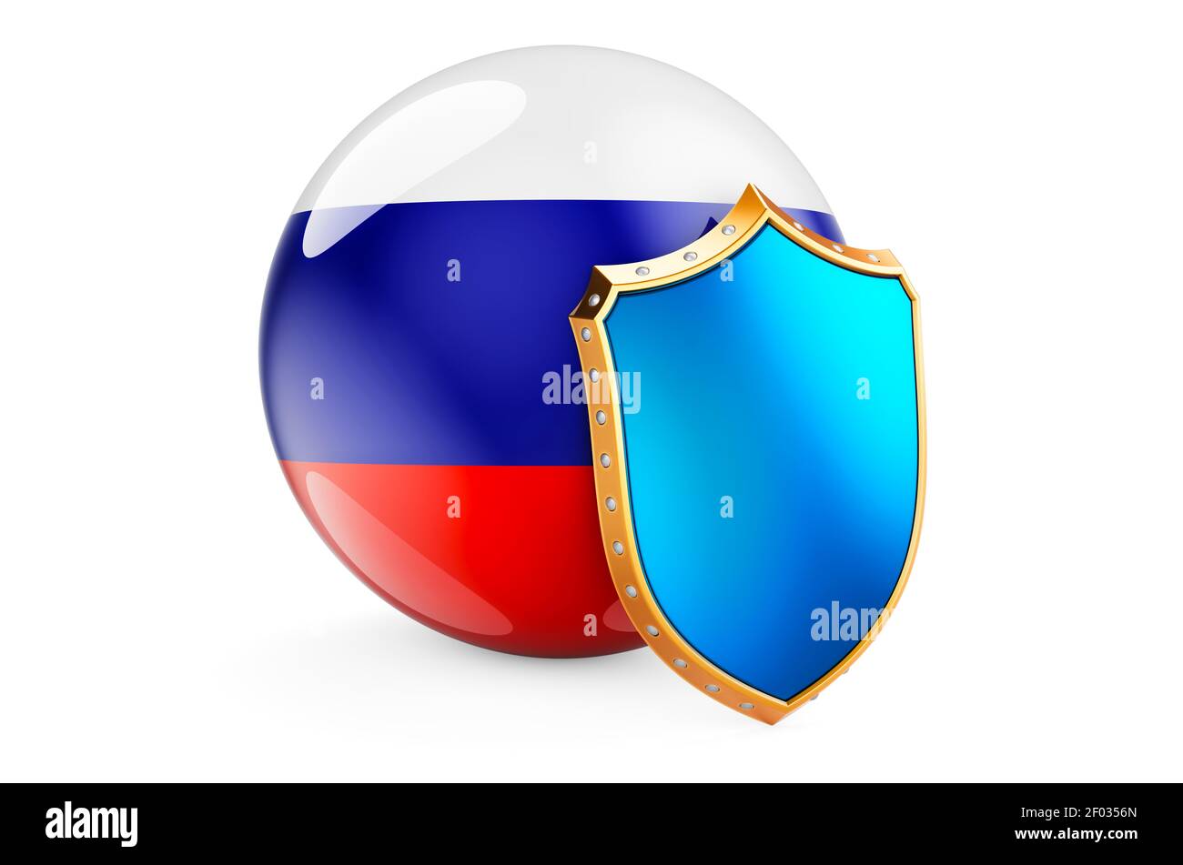 Russian flag with shield. Protect of Russia concept, 3D rendering ...