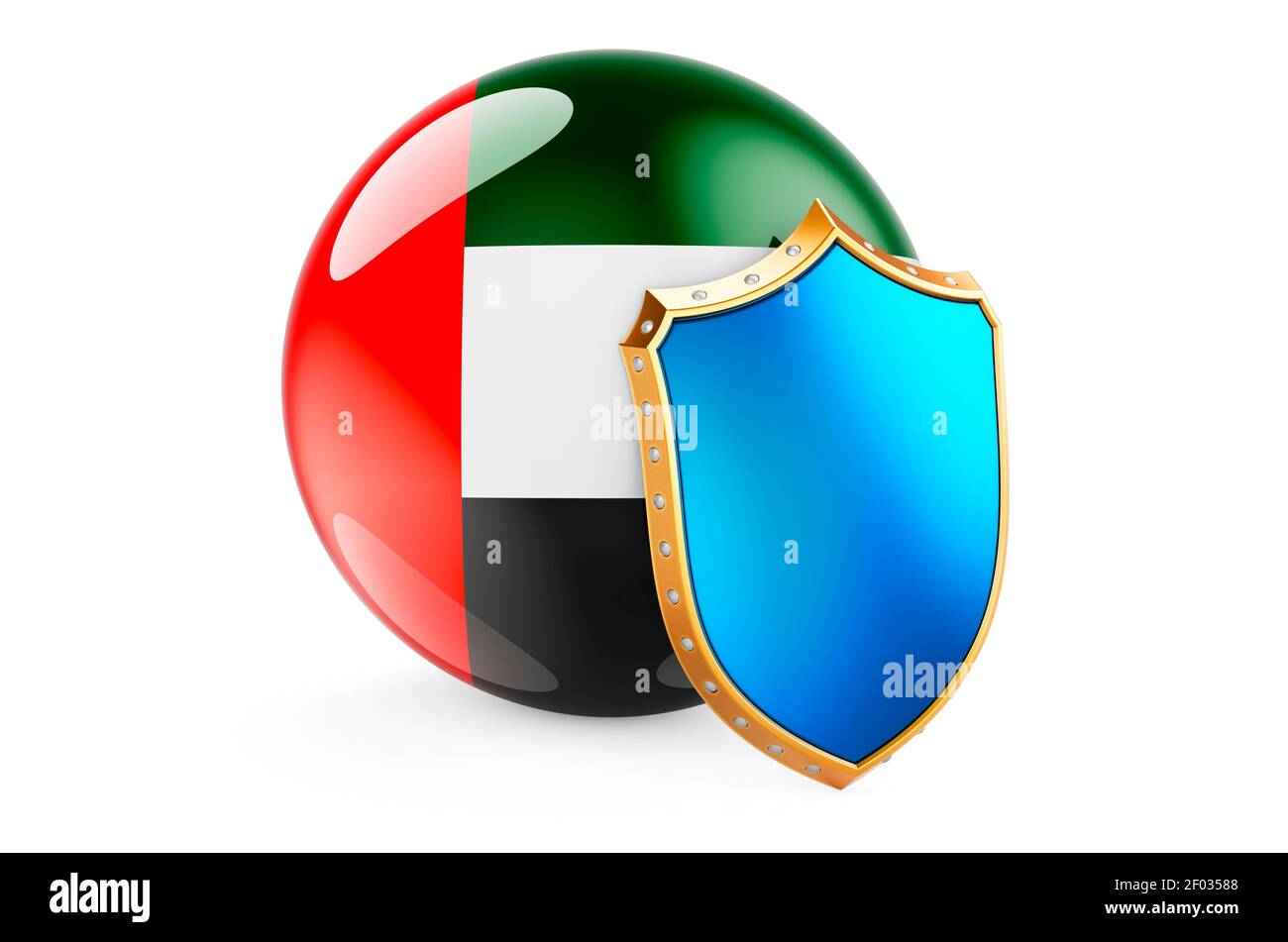 The UAE flag with shield. Protect of the United Arab Emirates concept ...