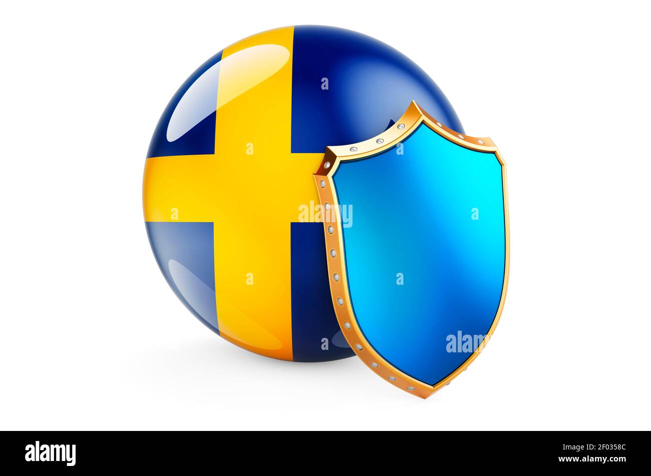 Swedish flag with shield. Protect of Sweden concept, 3D rendering ...
