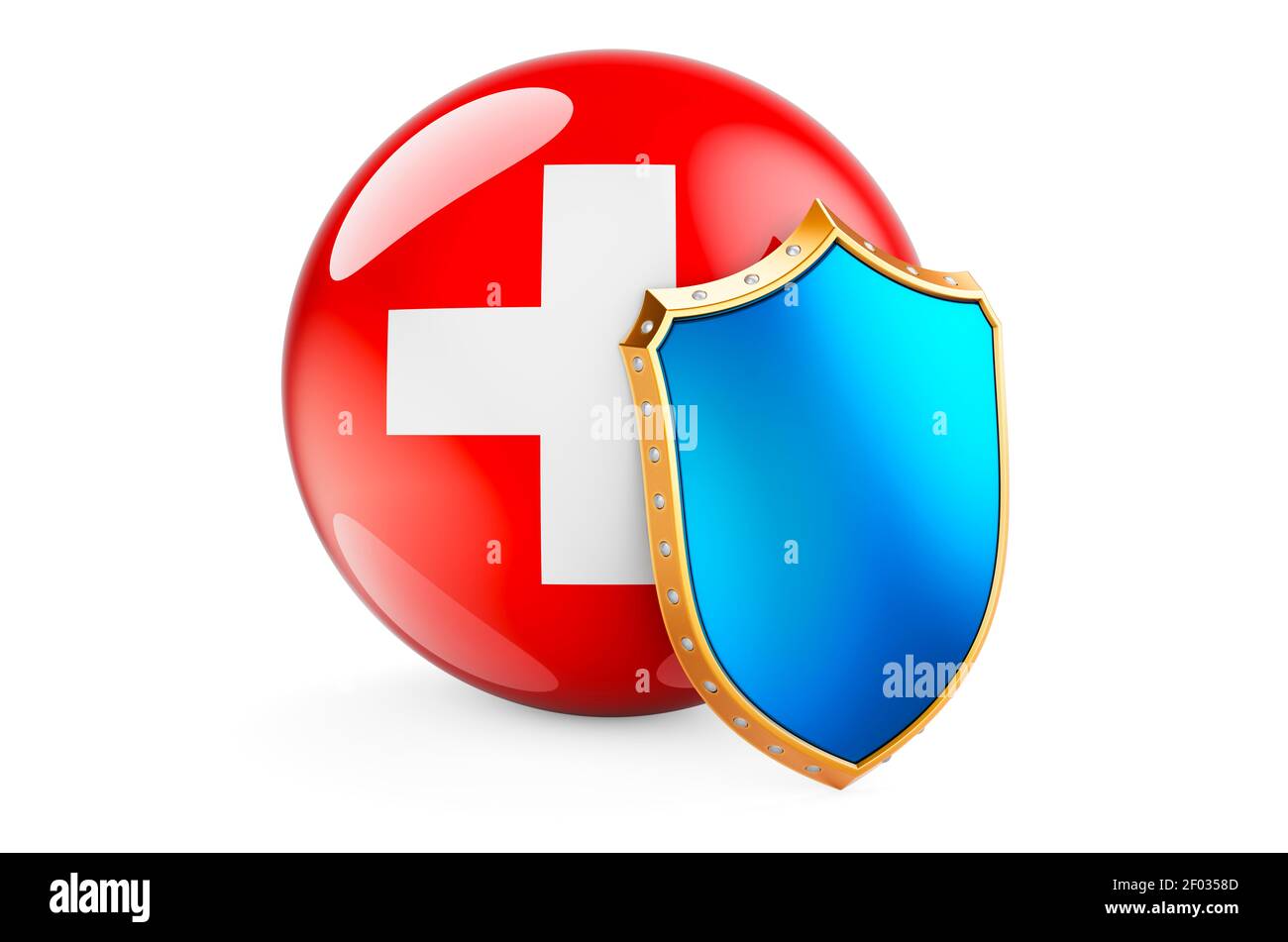 Swiss flag with shield. Protect of Switzerland concept, 3D rendering ...