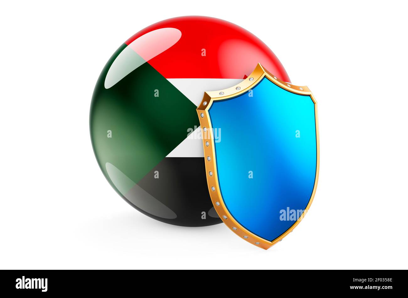 Sudanese flag with shield. Protect of Sudanconcept, 3D rendering ...