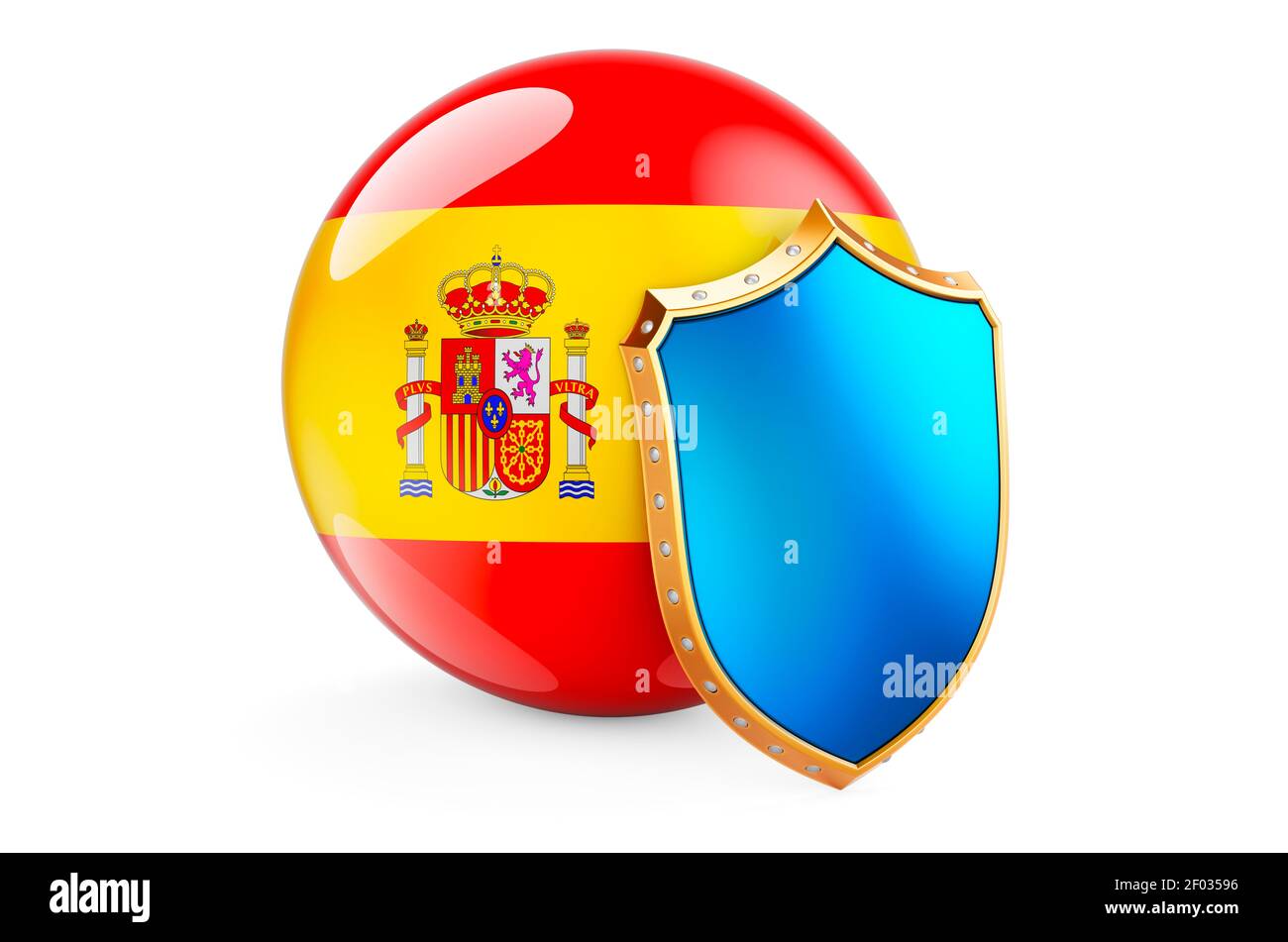 Spanish flag with shield. Protect of Spain concept, 3D rendering ...