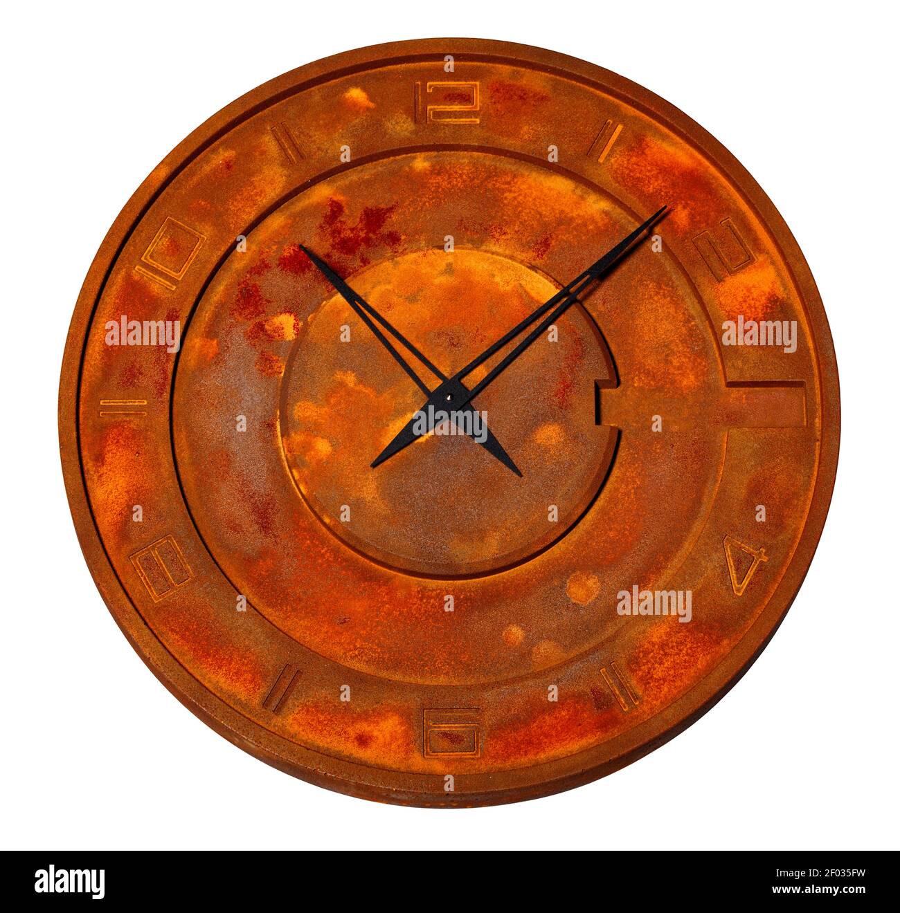 Round industrial wall clock in iron, rust all over the dial, isolated ...