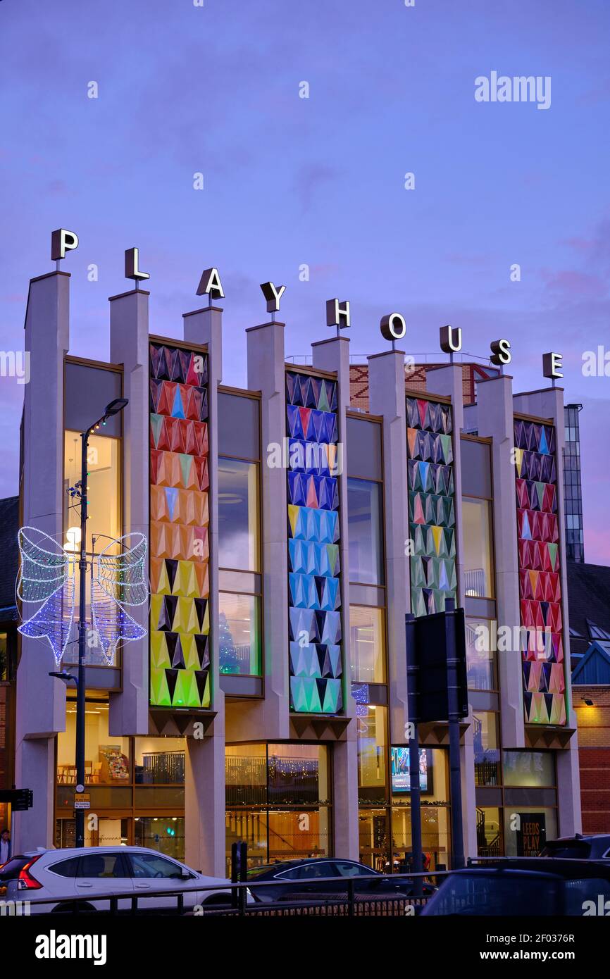 LEEDS, UNITED KINGDOM - Jan 04, 2020: Leeds playhouse building lite up ...