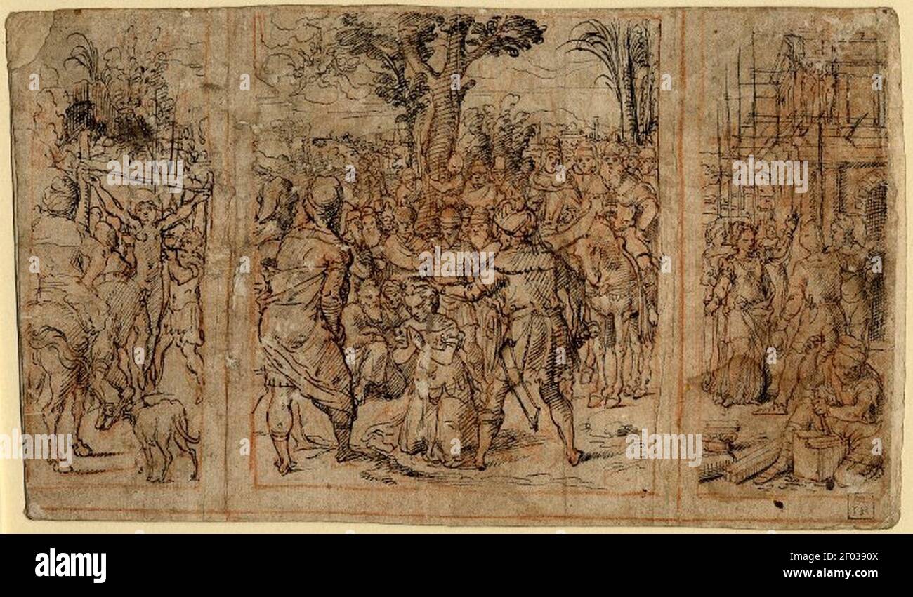 Pieter Pourbus (Attributed to) - Design for a triptych showing scenes from the legend of St ...