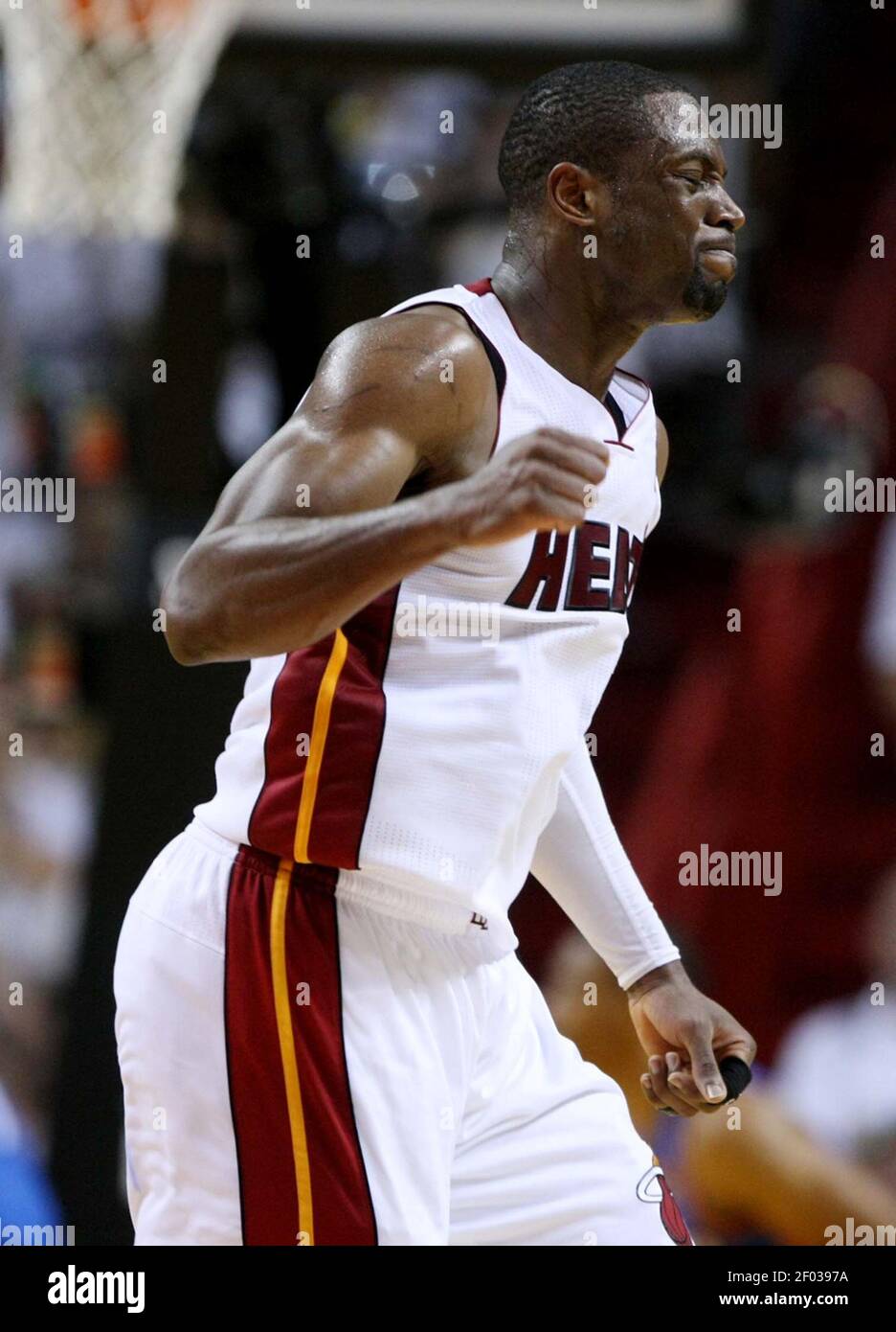 Miami Heat shooting guard Dwyane Wade (3) reacts after missing a shot ...