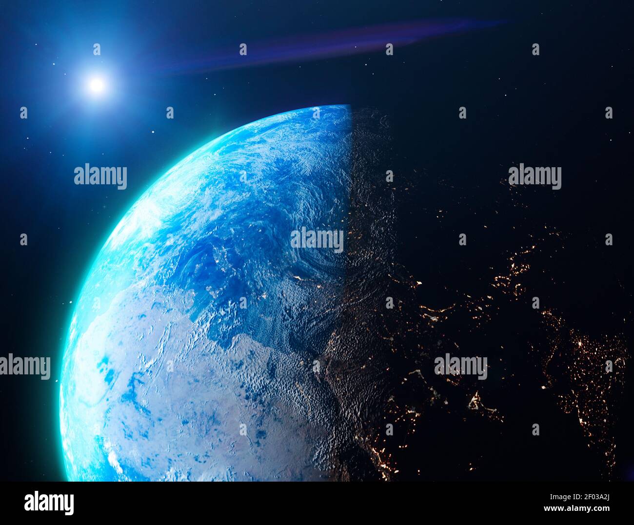 Satellite view of the Earth seen from space. The sun rising over the ...