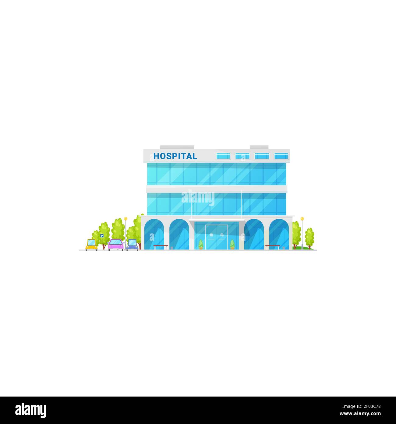 Modern hospital isolated facade of medical center with trees and ...