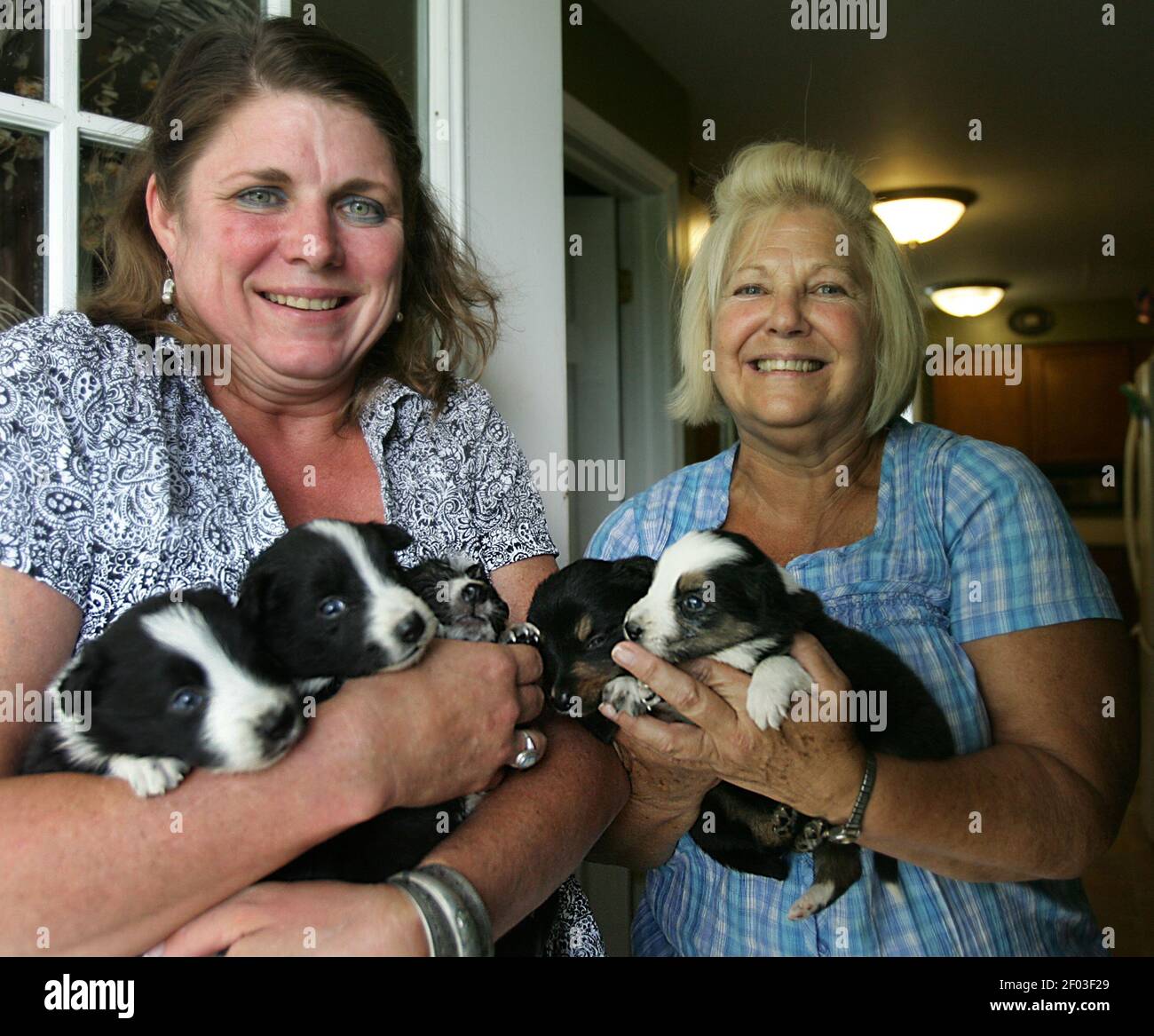 Shepherdess Laura DeYoung, left, and herding trainer Debbie Kindig hold ...
