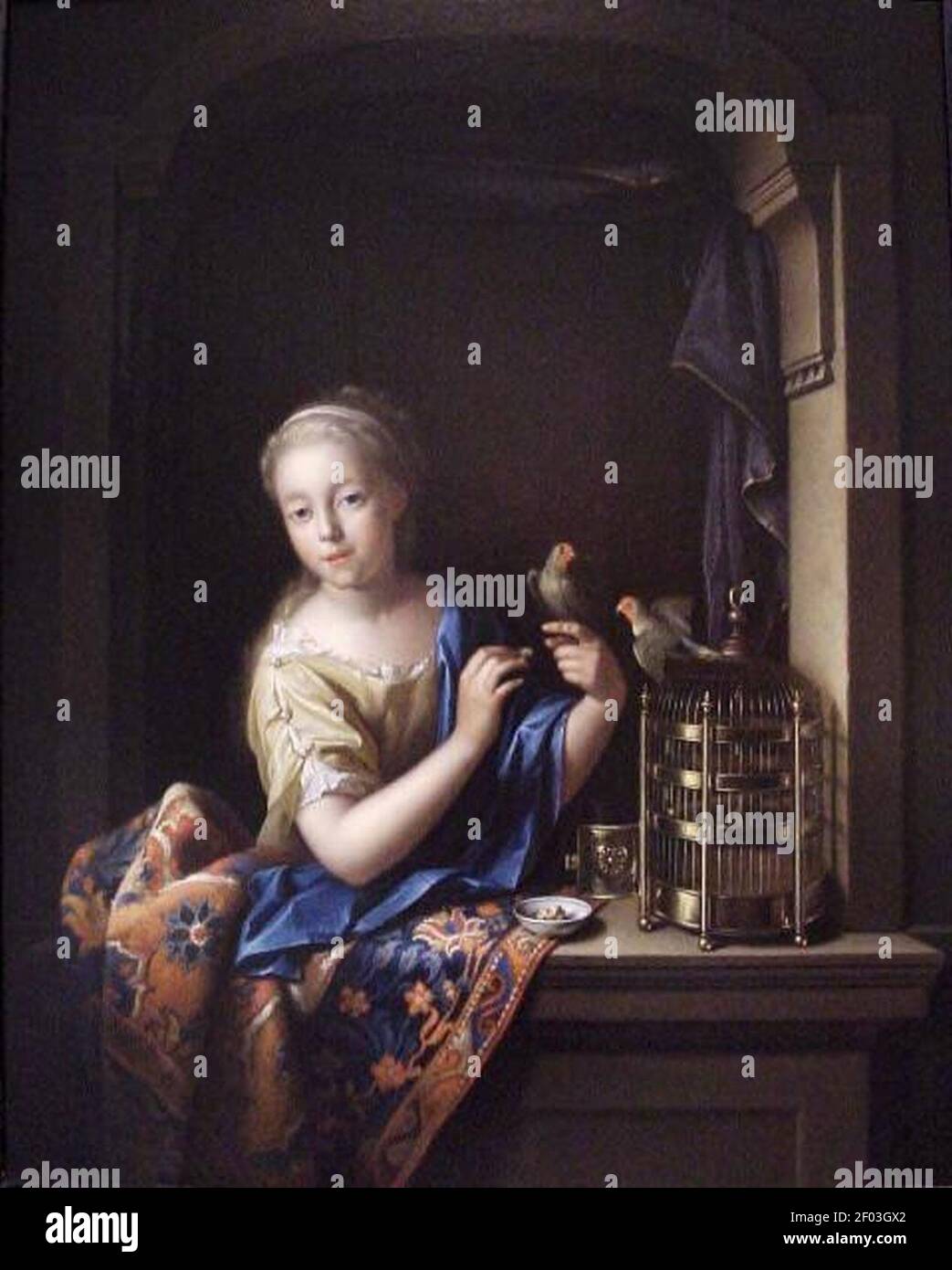 Pieter van der Werff - Girl with Two Birds and a Birdcage in a Window ...