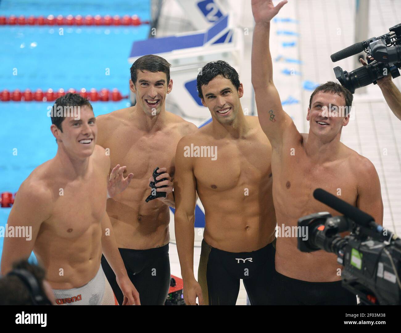 USA swimmers (left to right) Conor Dwyer, Michael Phelps, Ricky Berens ...