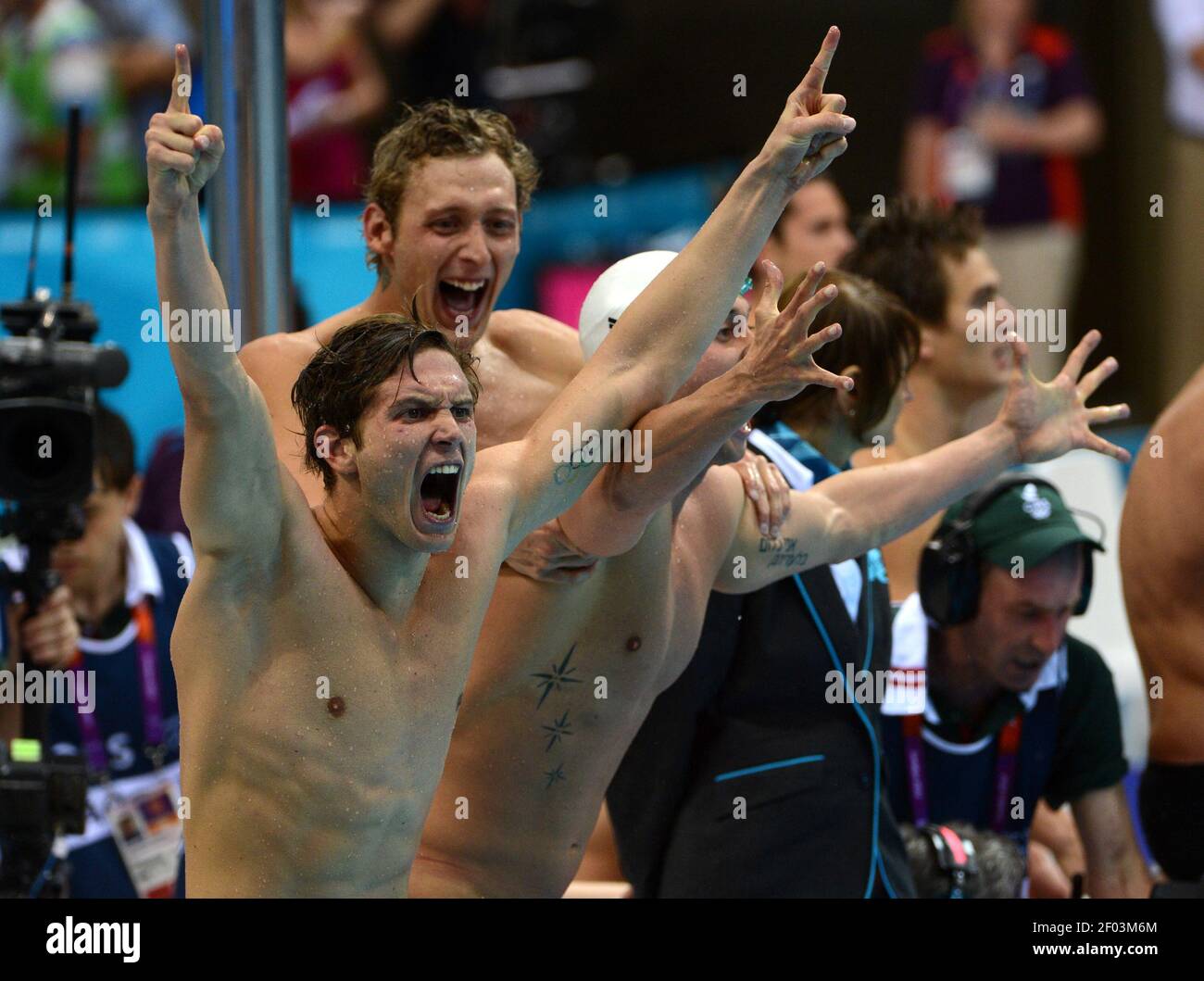 France celebrates their win in the men's 4x100 Freestyle Relays at the ...