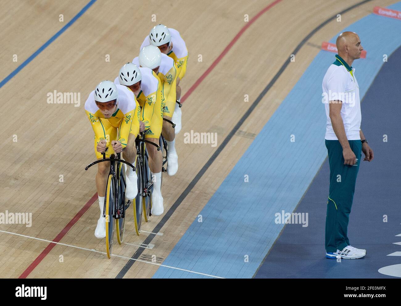 Australia's men ride in the 4000m Team Pursuit event at the Velodrome ...