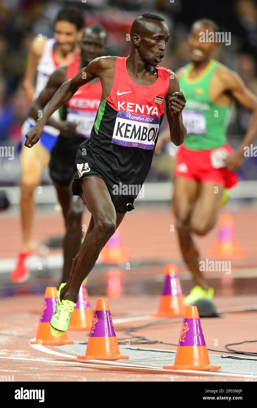 Ezekiel Kemboi of Kenya takes the final bend in the men's 3000m ...