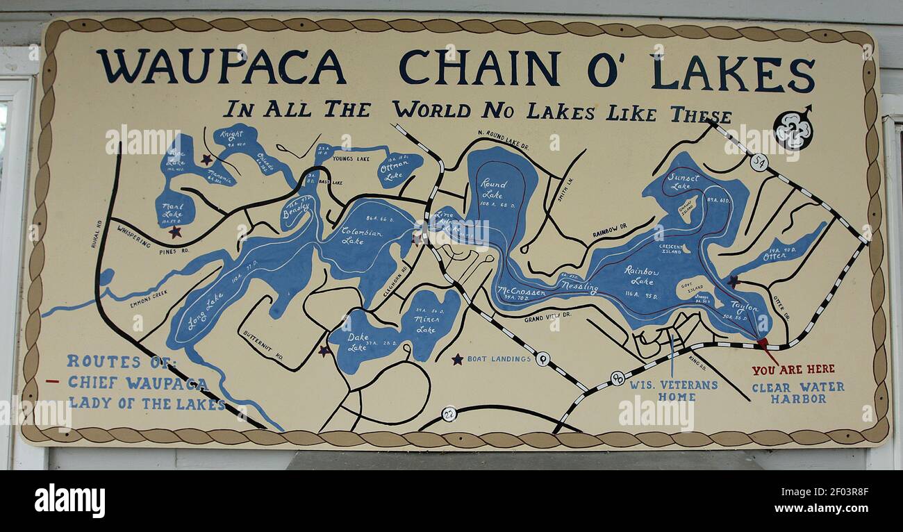 This map shows the Chain of Lake in Waupaca, Wisconsin, as seen July 25 ...