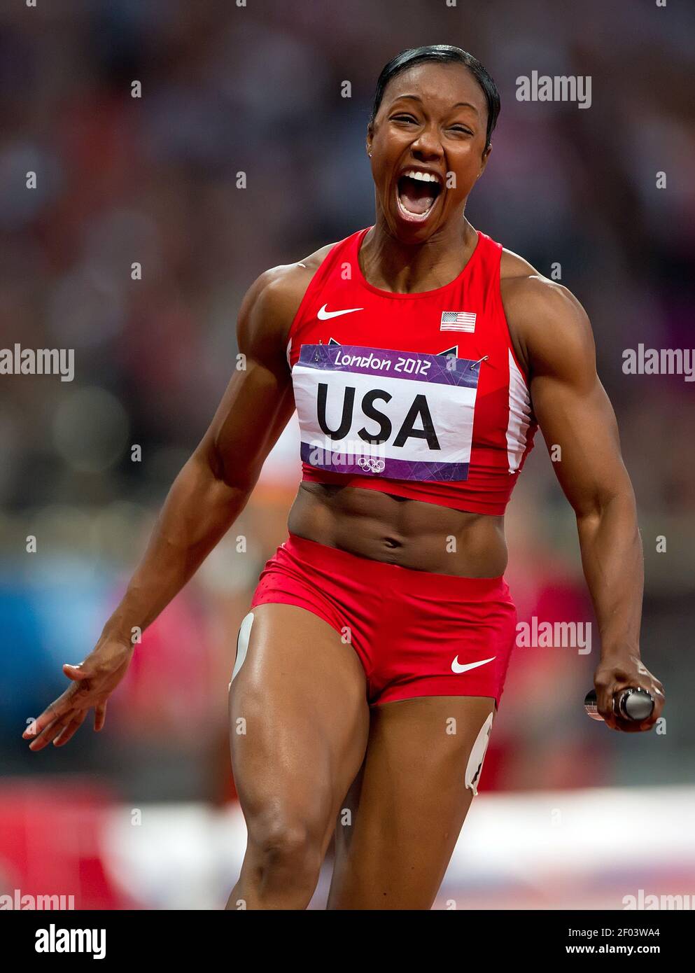 Carmelita Jeter of the United States celebrated their 4X100m relay team ...