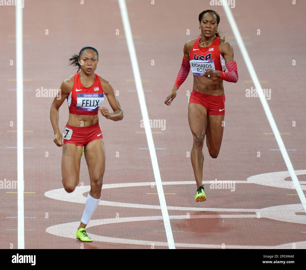 Allyson Felix of the USA leads Sanya Richards-Ross of the USA in the ...