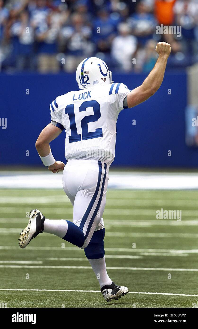 Indianapolis Colts quarterback Andrew Luck (12) reacts after his first ...