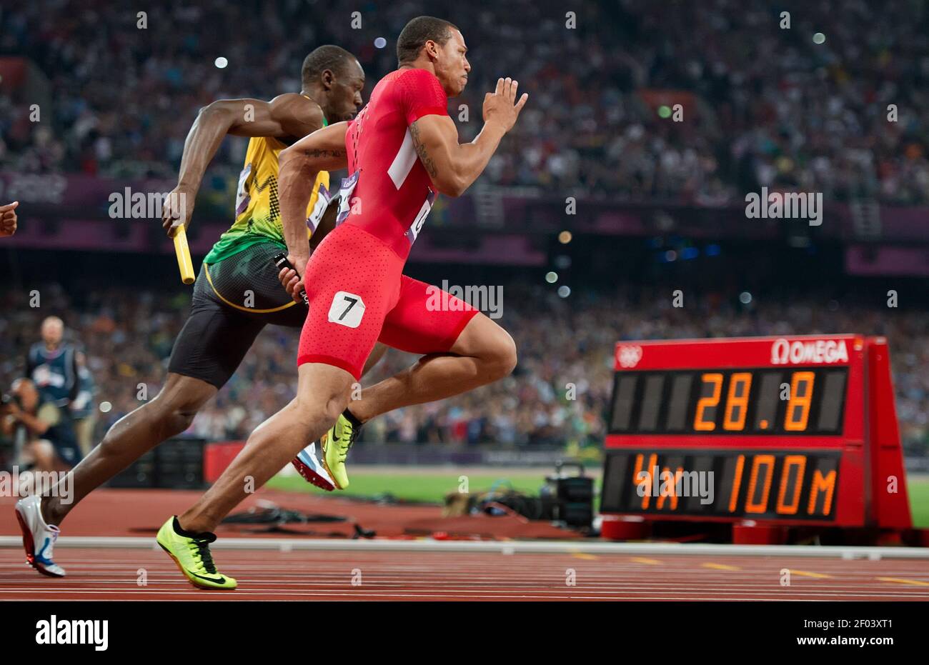 United States sprinter Ryan Bailey, center, and Jamaica's Usain Bolt ...