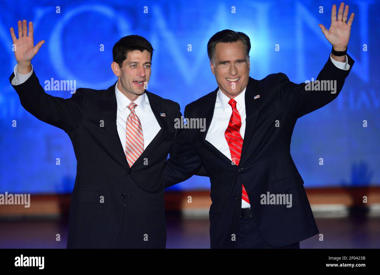 Mitt Romney and Paul Ryan wave to the delegation at the 2012 Republican ...
