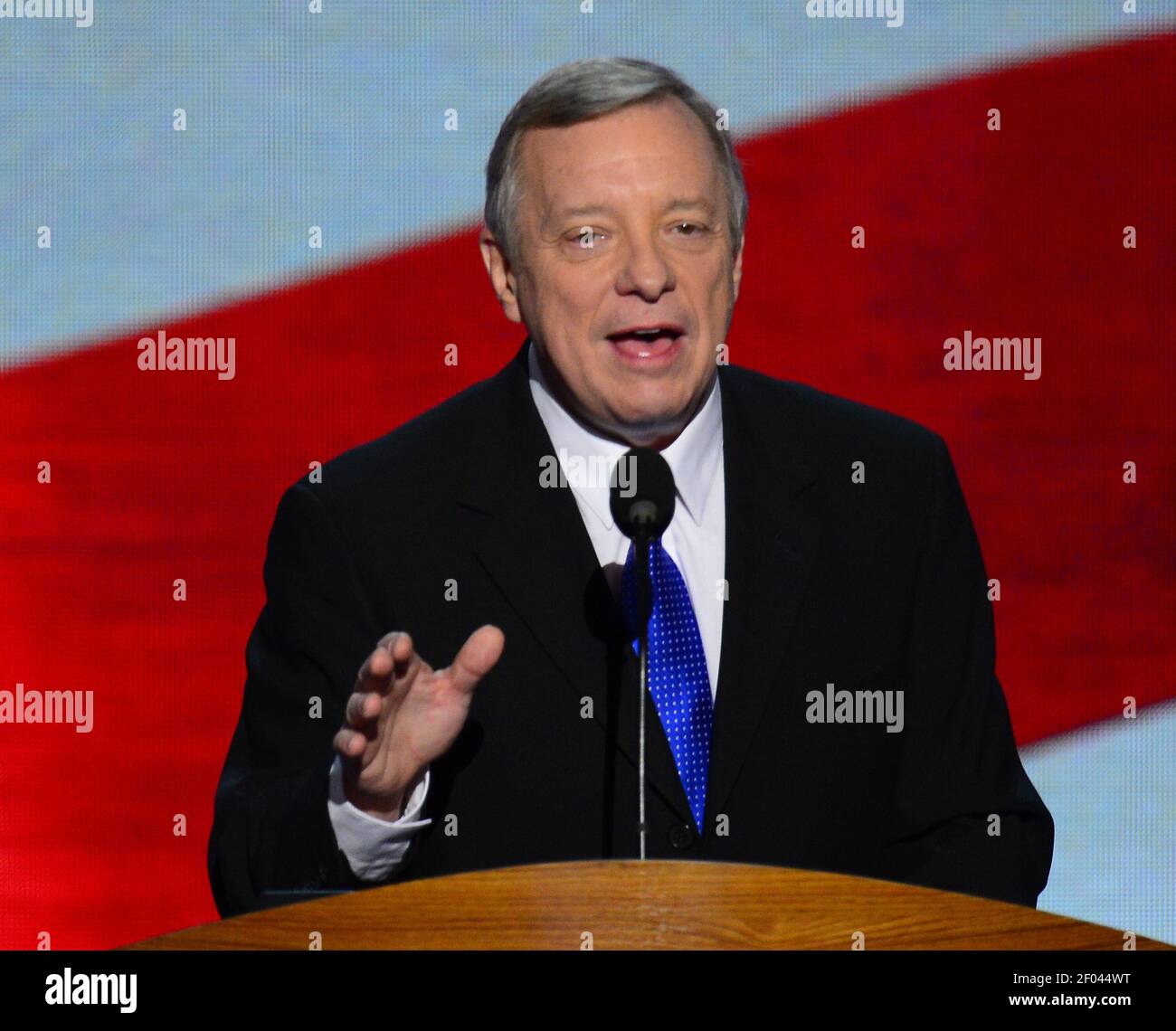 Sen. Dick Durbin (D-IL) waves to the delegates at the 2012 Democratic ...
