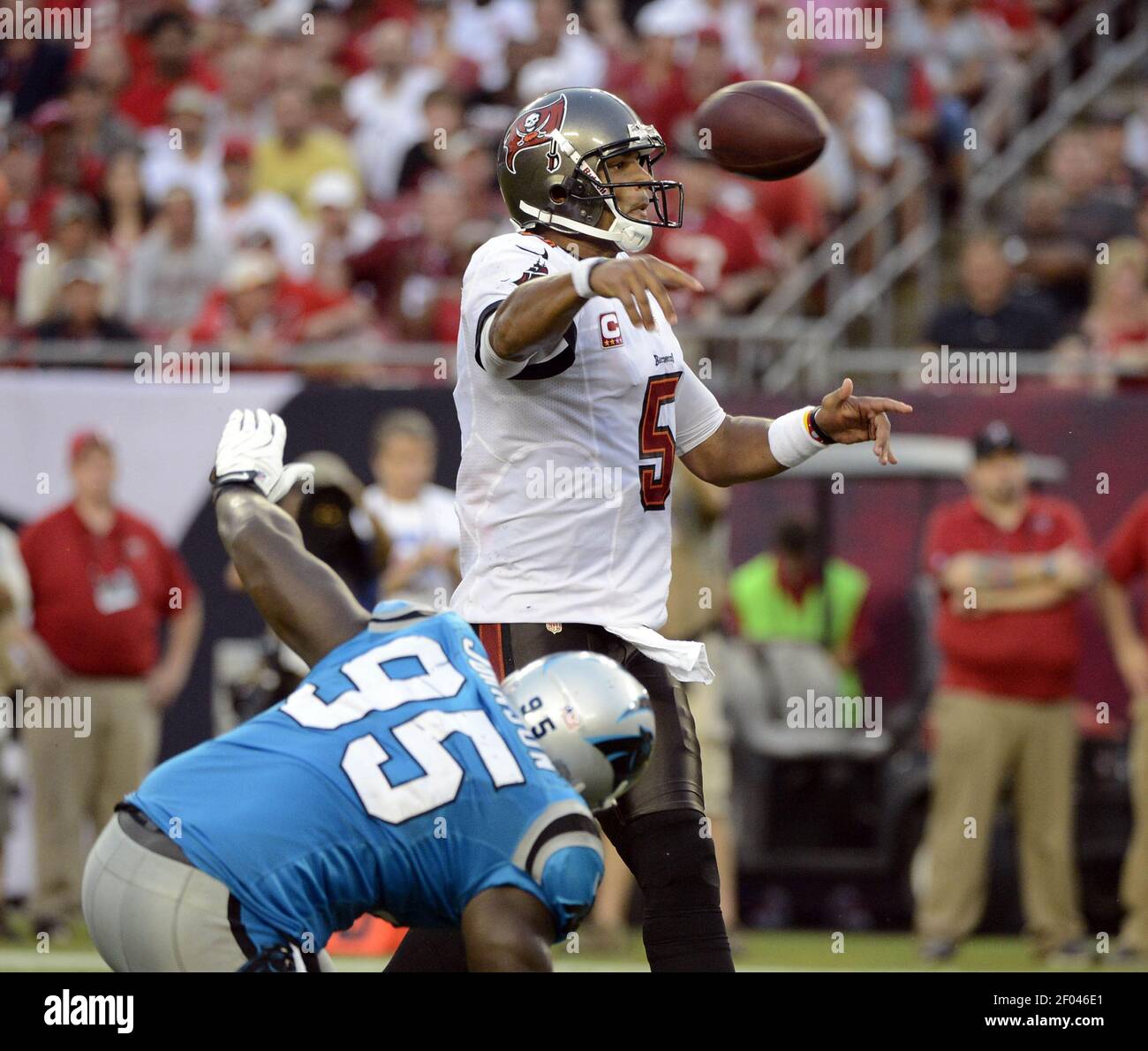 Tampa Bay Buccaneers' Josh Freeman (5) throws downfield as Carolina ...
