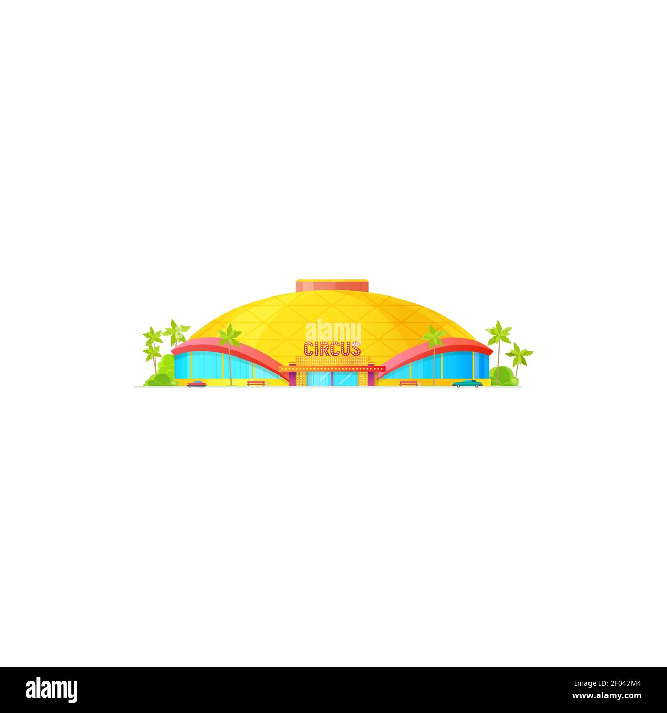 Circus marquee and blue windows, amusement awning and palm trees ...