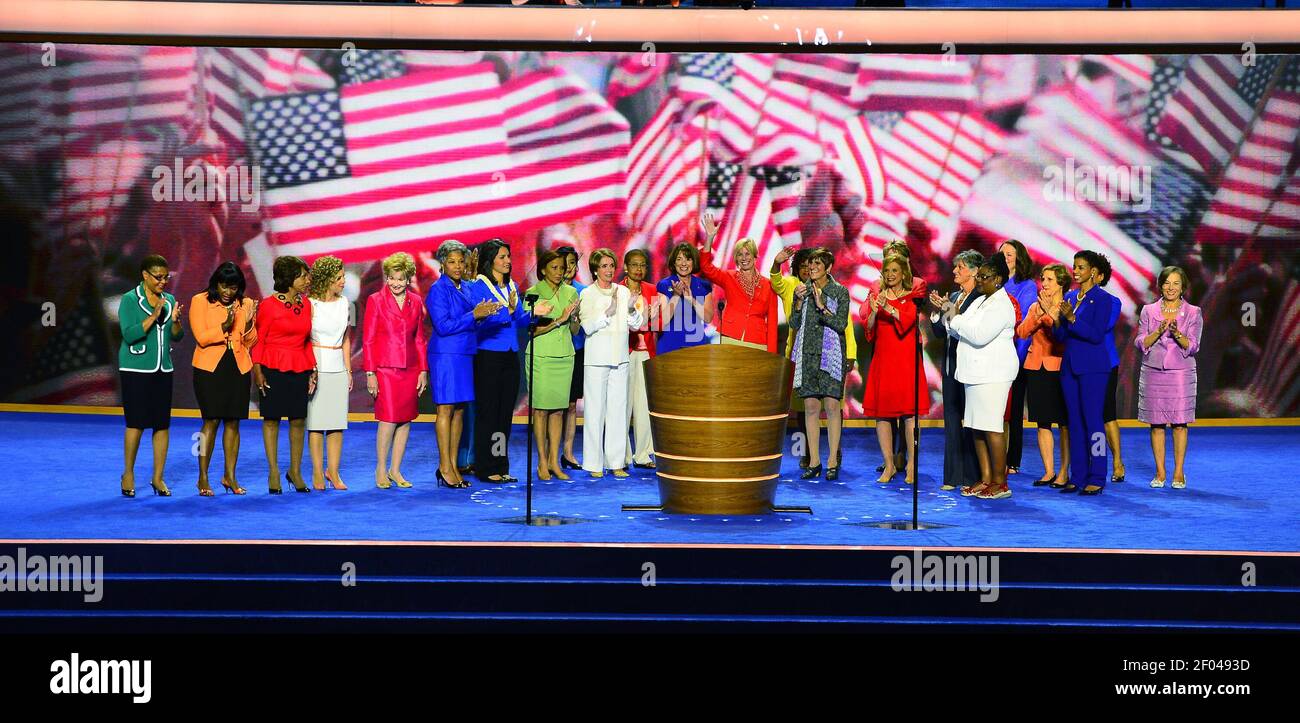 Female Democrat members of the U.S. House of Representatives gather ...