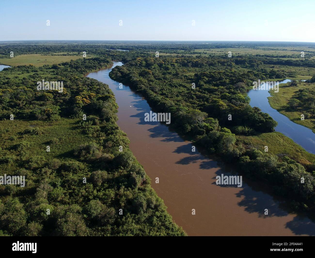 Aerial view of Three Brothers River on the left and Black Channel on ...