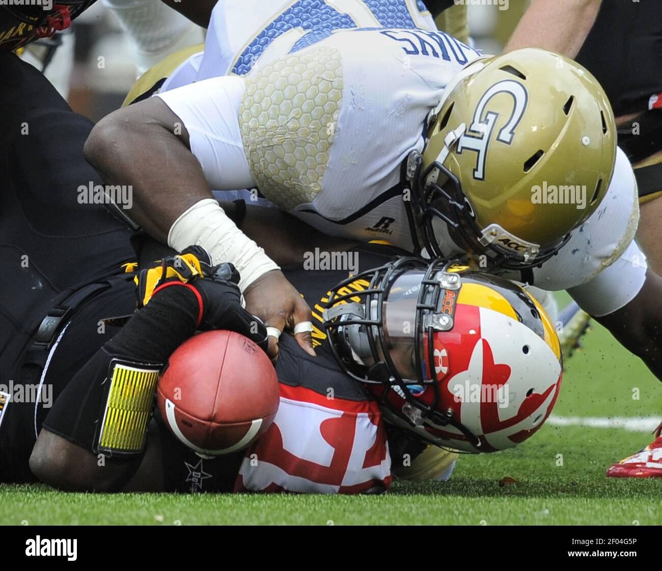 Georgia Tech's Jabari Hunt-Days tackles Maryland's Wes Brown in the first quarter at Byrd ...
