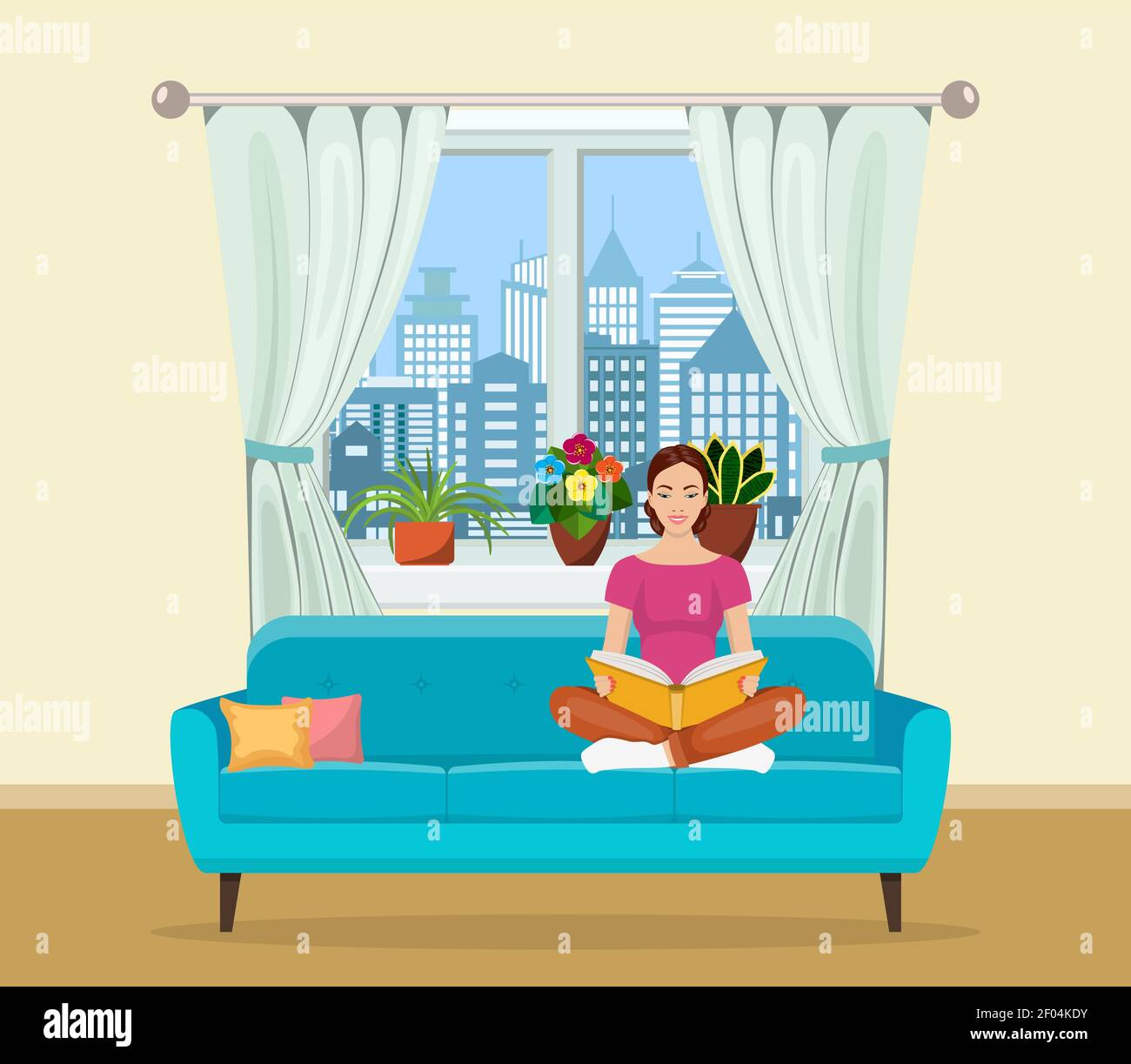 Young woman relaxing on sofa reading book at home Stock Vector Image ...