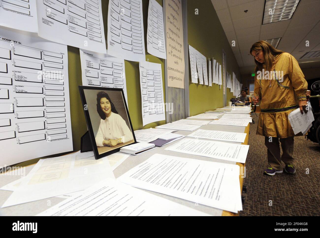 A photo of Martha Hodikoff Woods is on display beneath her Attu family ...