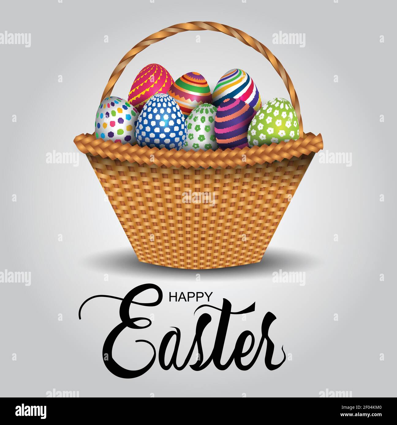 happy Easter. bamboo basket with colorful Easter eggs. vector ...