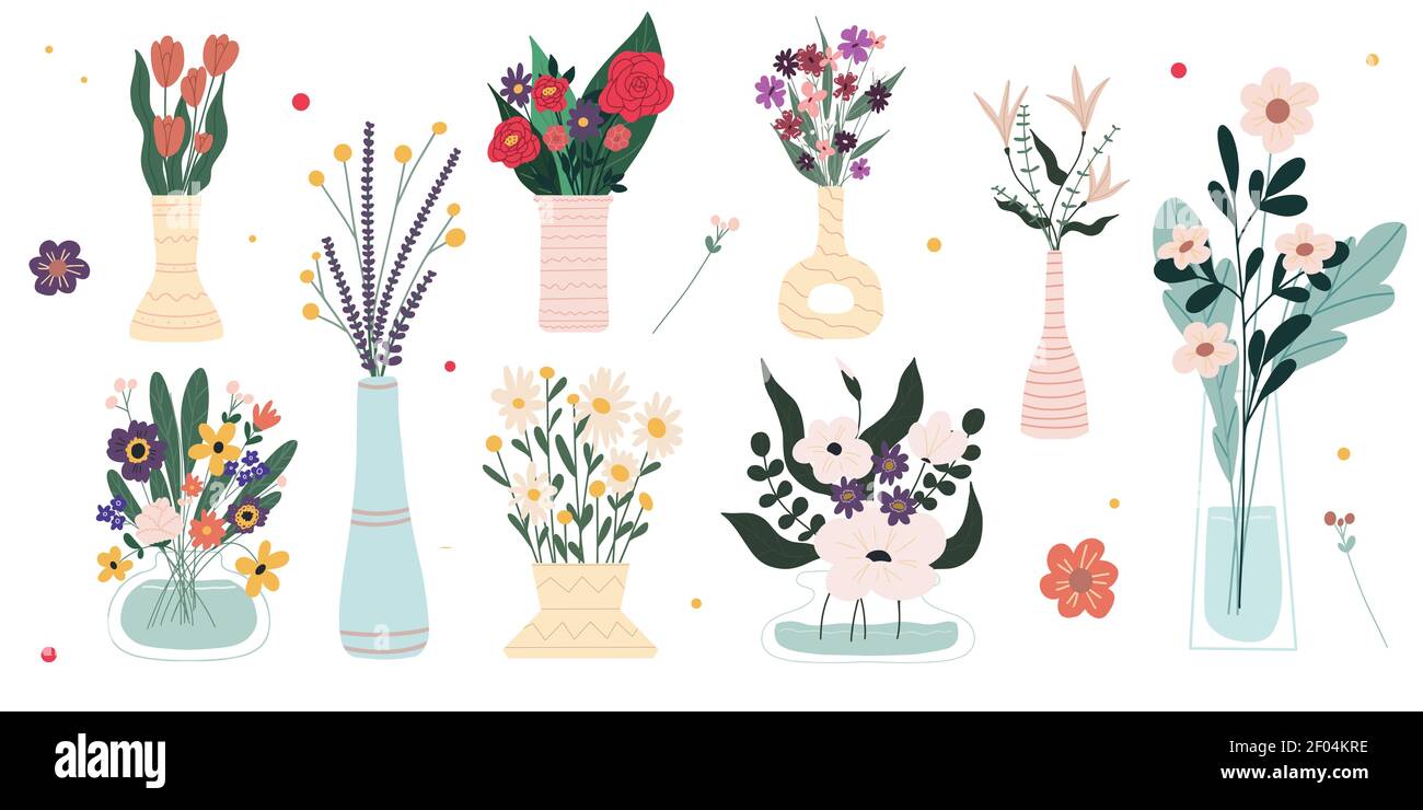 Set of bright spring flowers in vases and bottles isolated on a white ...