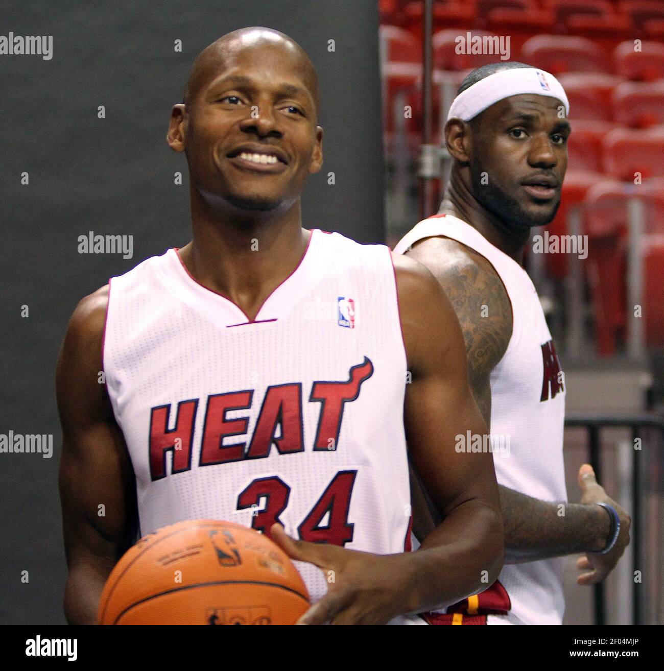 The Miami Heat's Ray Allen, left, and LeBron James attend Heat Media ...