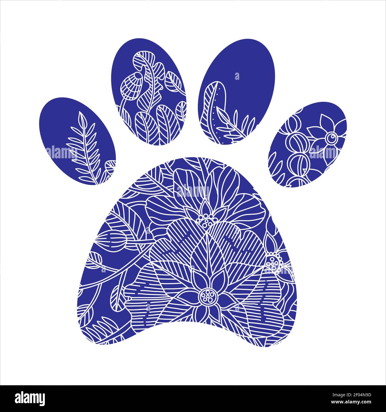 Silhouette of blue dog paws with doodle abstract flowers and leaves ...